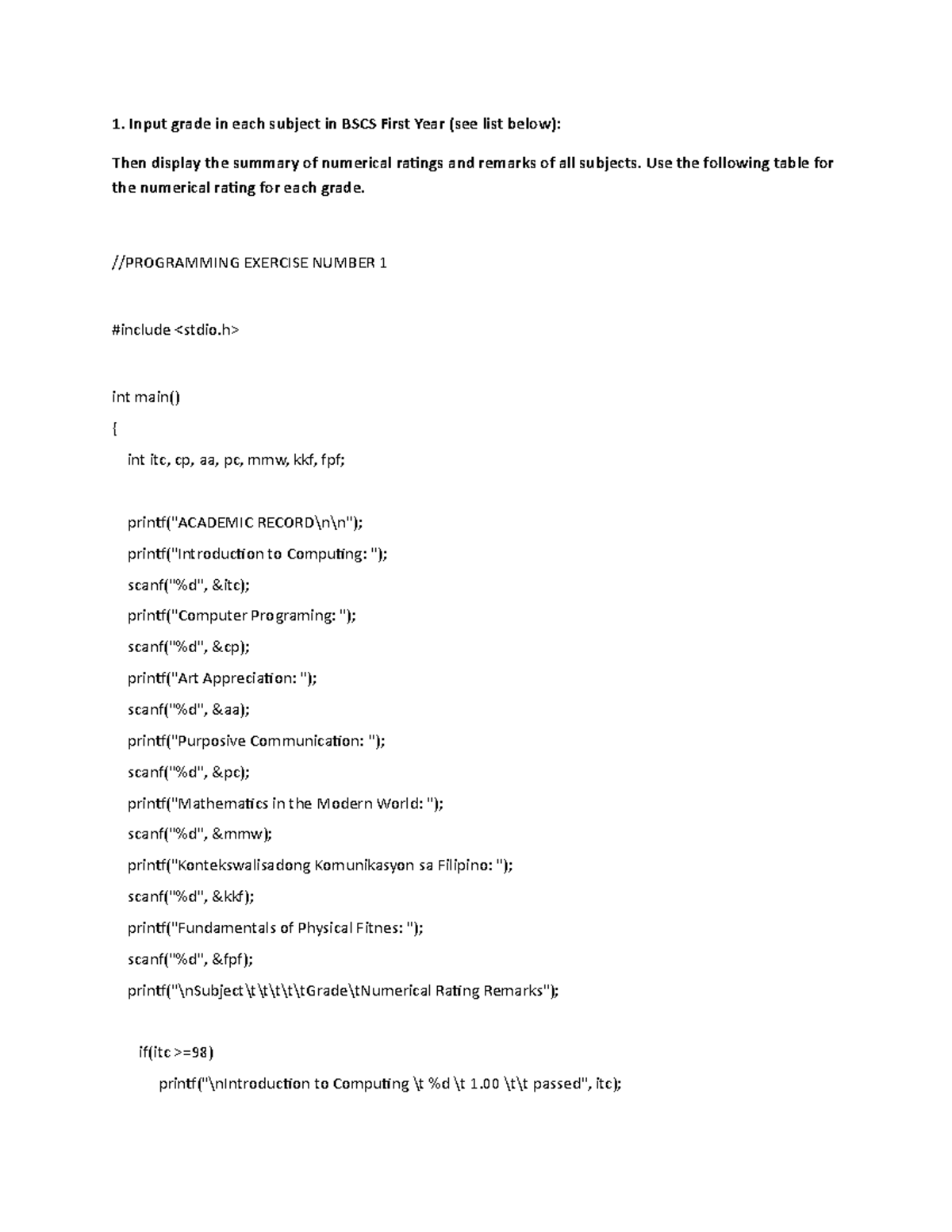 Computer Programming PE105n1 - Input grade in each subject in BSCS ...