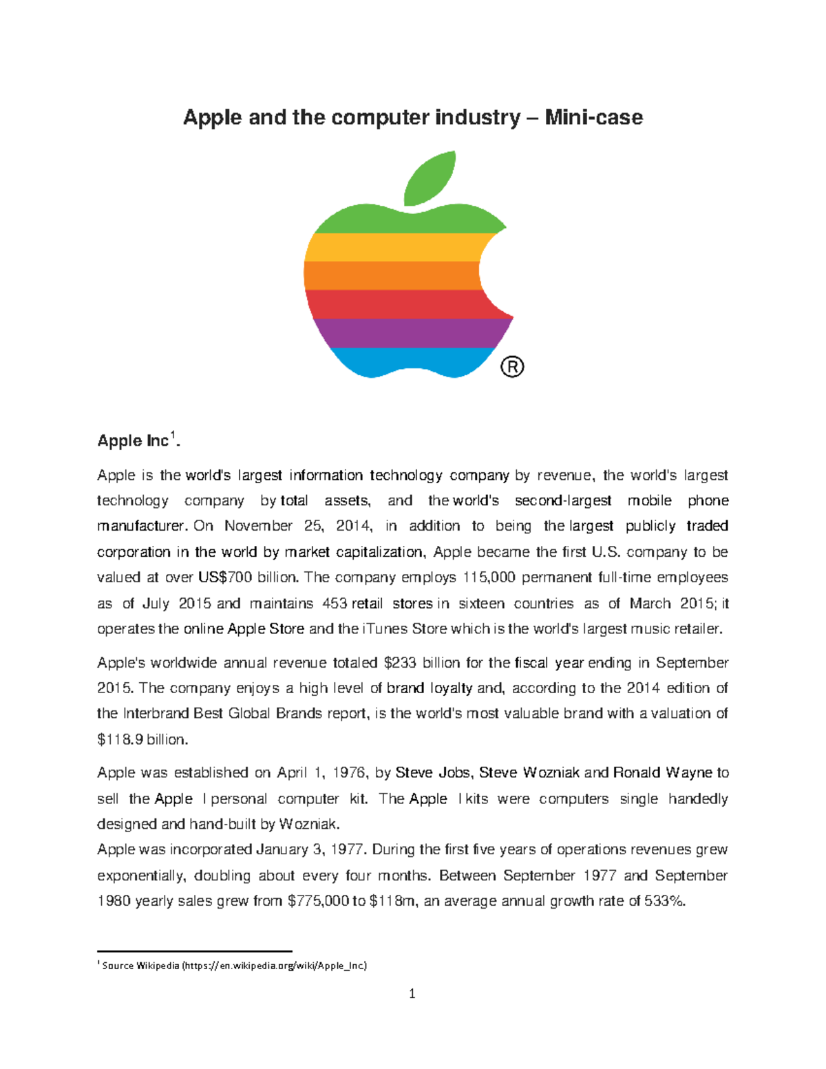 Case 2 - Apple - Second Class Case study - Apple and the computer industry – Mini-case Apple Inc ...