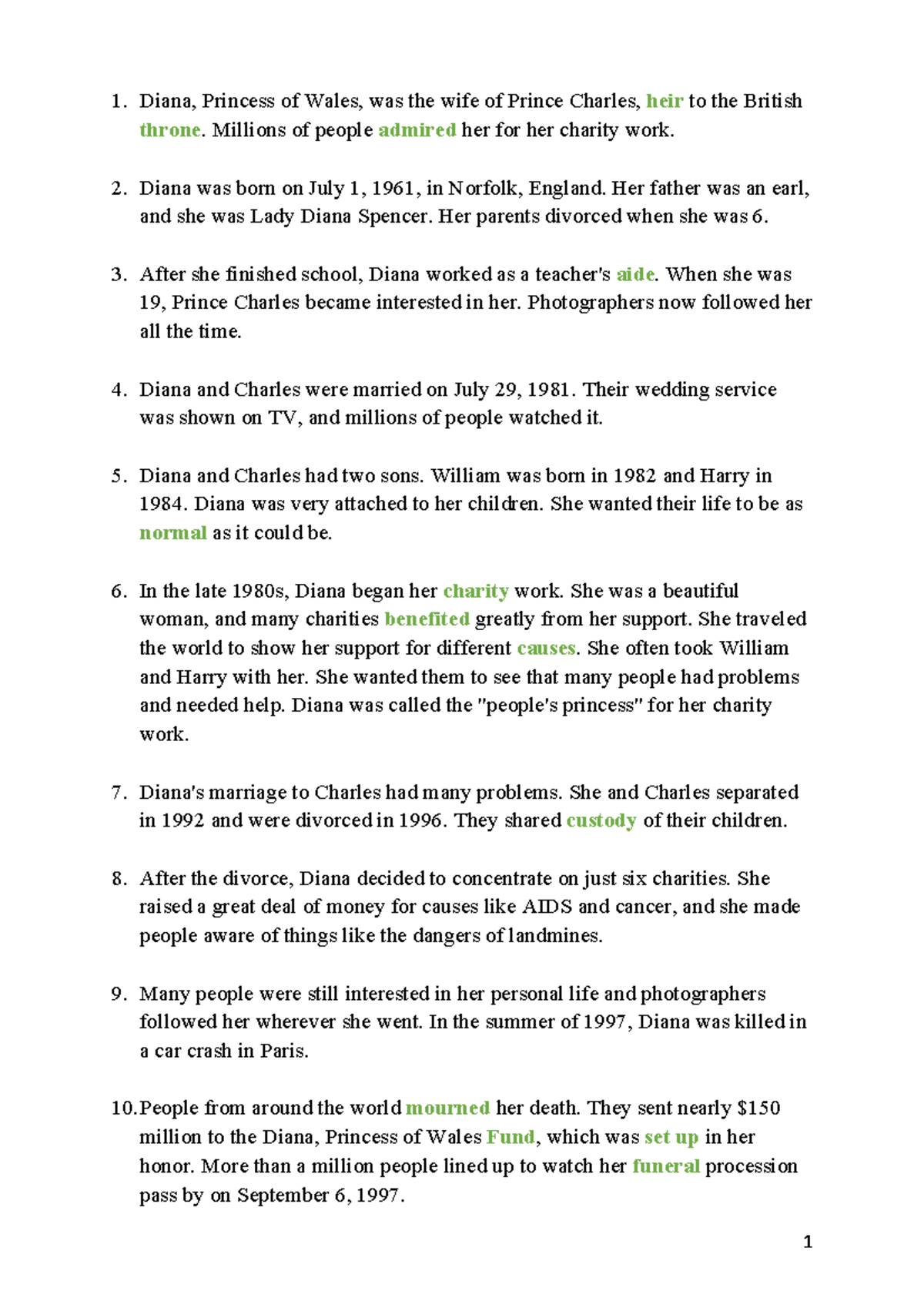 Form 2 Reading exercise - 1 Diana, Princess of Wales, was the wife of ...