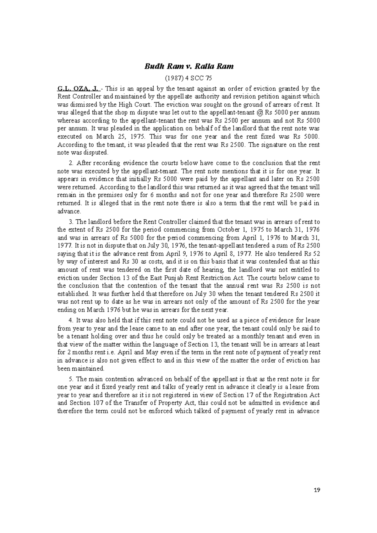 Registrtaion act assignment - Budh Ram v. Ralla Ram (1987) 4 SCC 75 G. OZA, J. - This is an ...