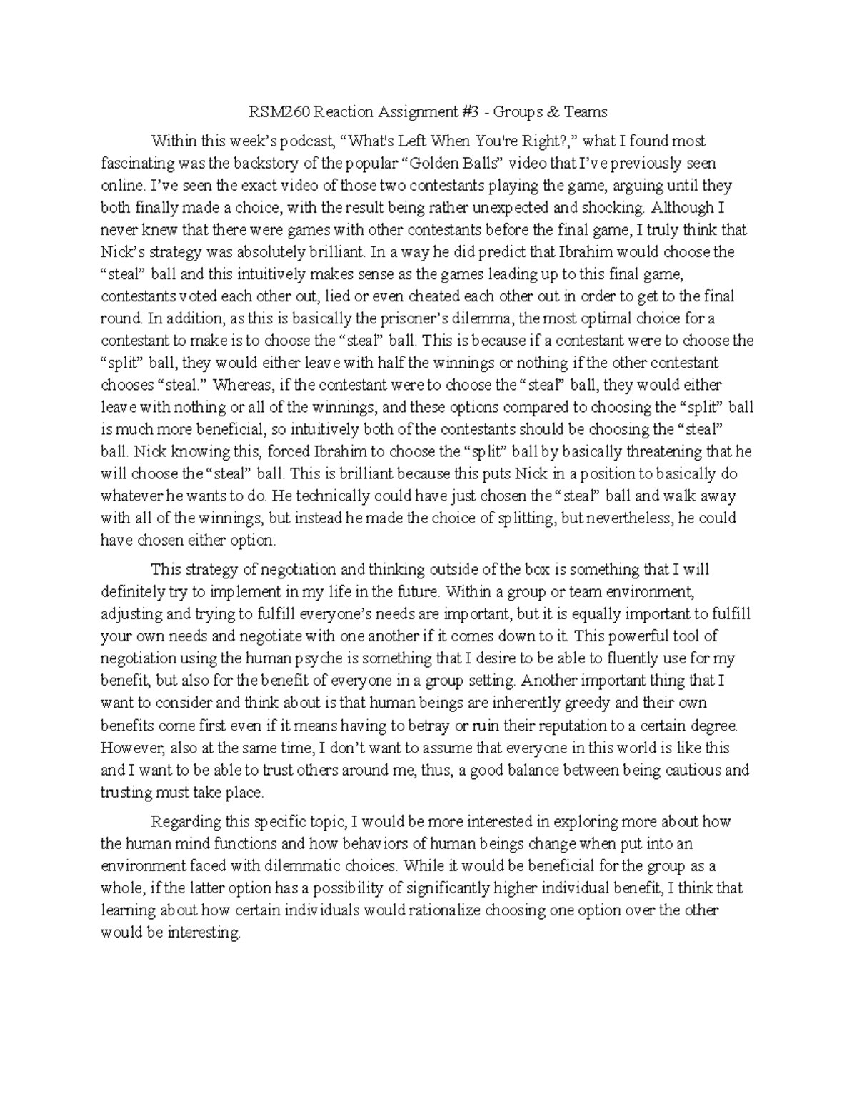 Reaction Assignment #3 - Class 4 Groups & Teams - RSM260 Reaction Assignment #3 - Groups & Teams ...