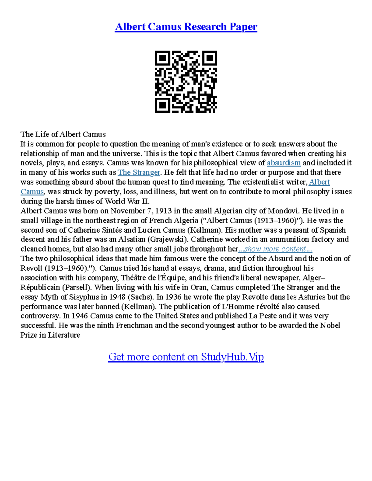 Albert Camus Essay - Albert Camus Research Paper The Life of Albert ...