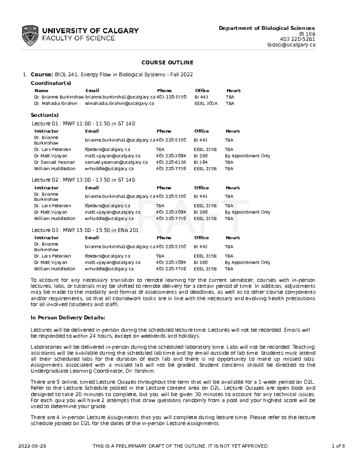 BIOL 241 Lecture 01Fall 2022 - Department of Biological Sciences BI 186 ...