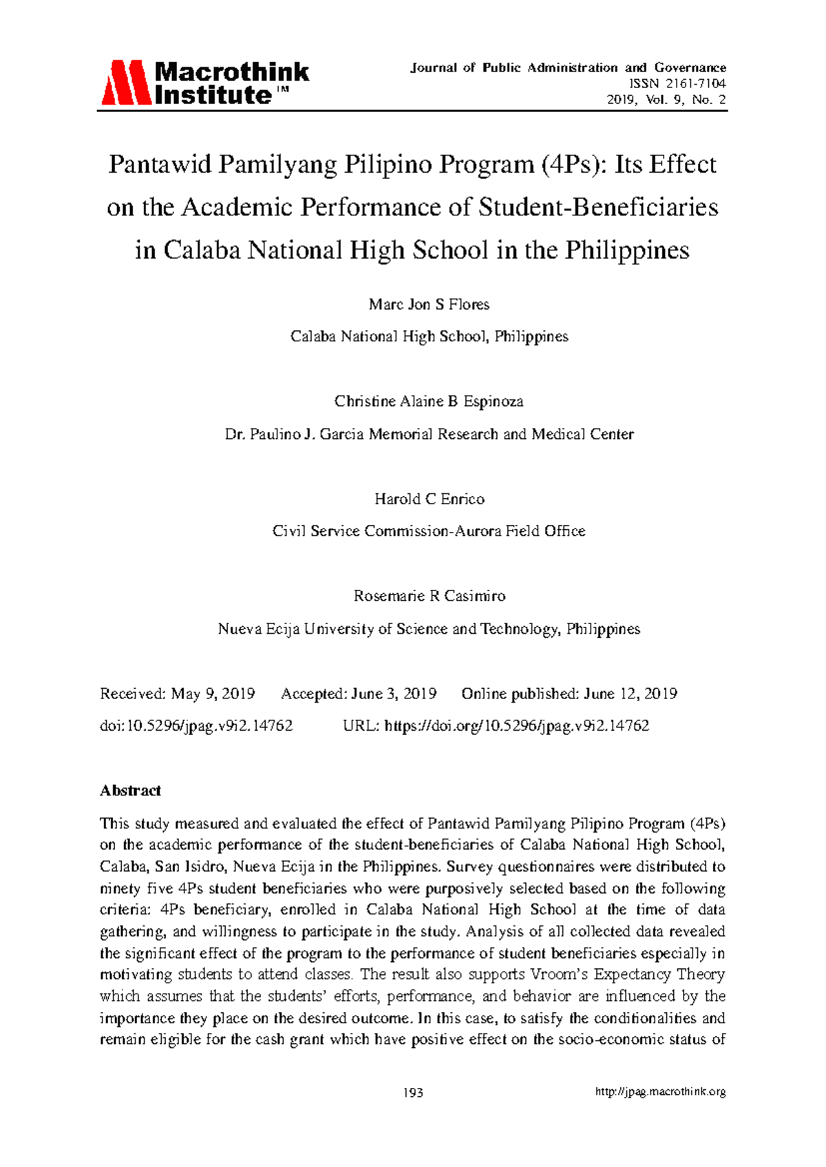 Pantawid Pamilyang Pilipino Program (4Ps) Its Effect on the Academic ...