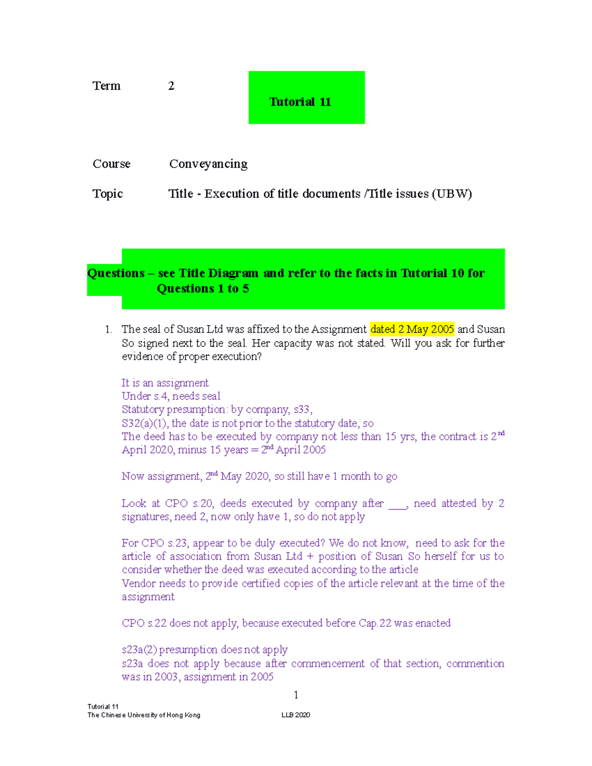 2020 Tutorial 11 - Term 2 Tutorial 11 Course Conveyancing Topic Title ...