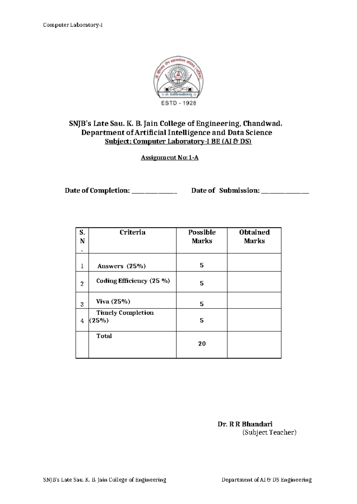 ML Assignment 1 - SNJB’s Late Sau. K. B. Jain College of Engineering ...