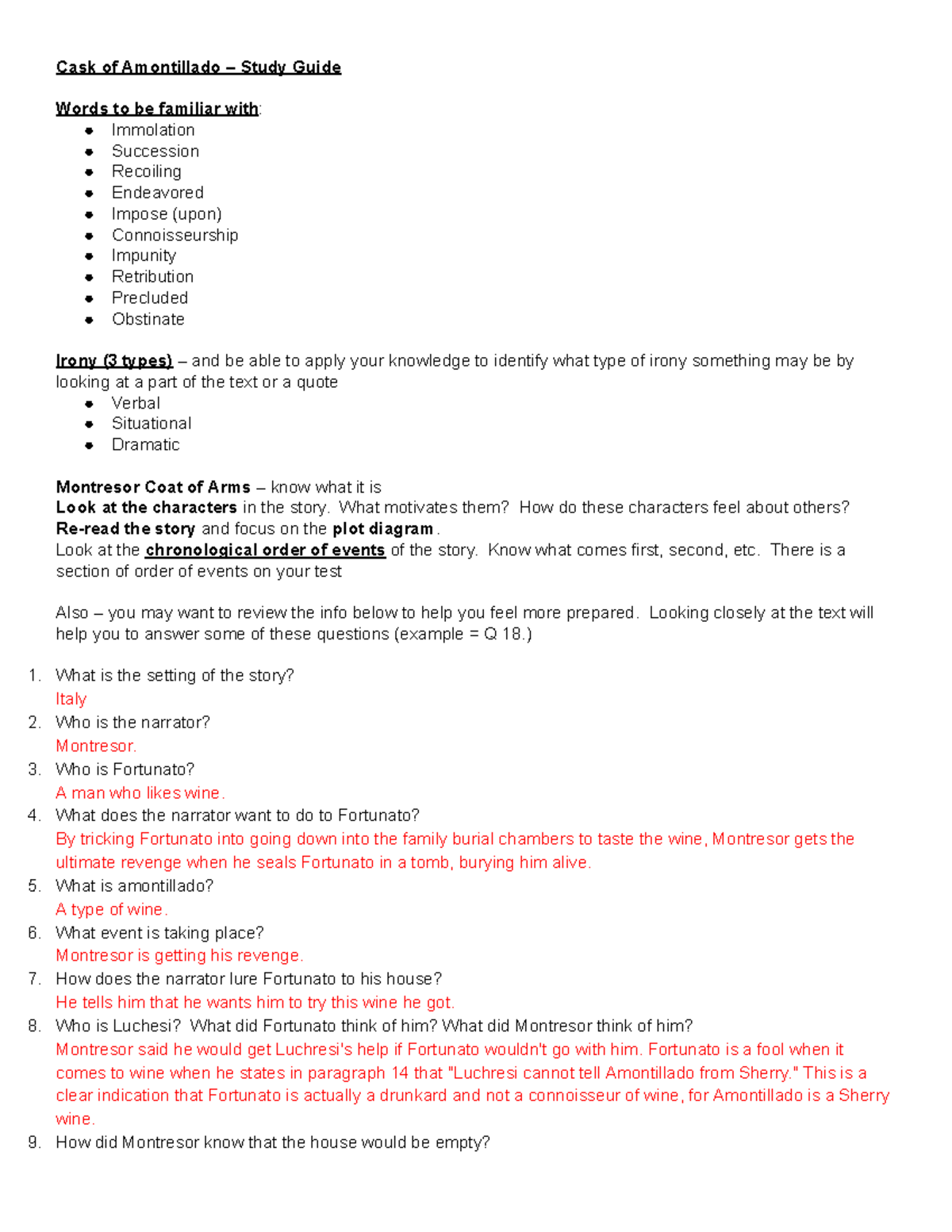 Cask Study Guide 2017-18 - Cask of Amontillado – Study Guide Words to ...