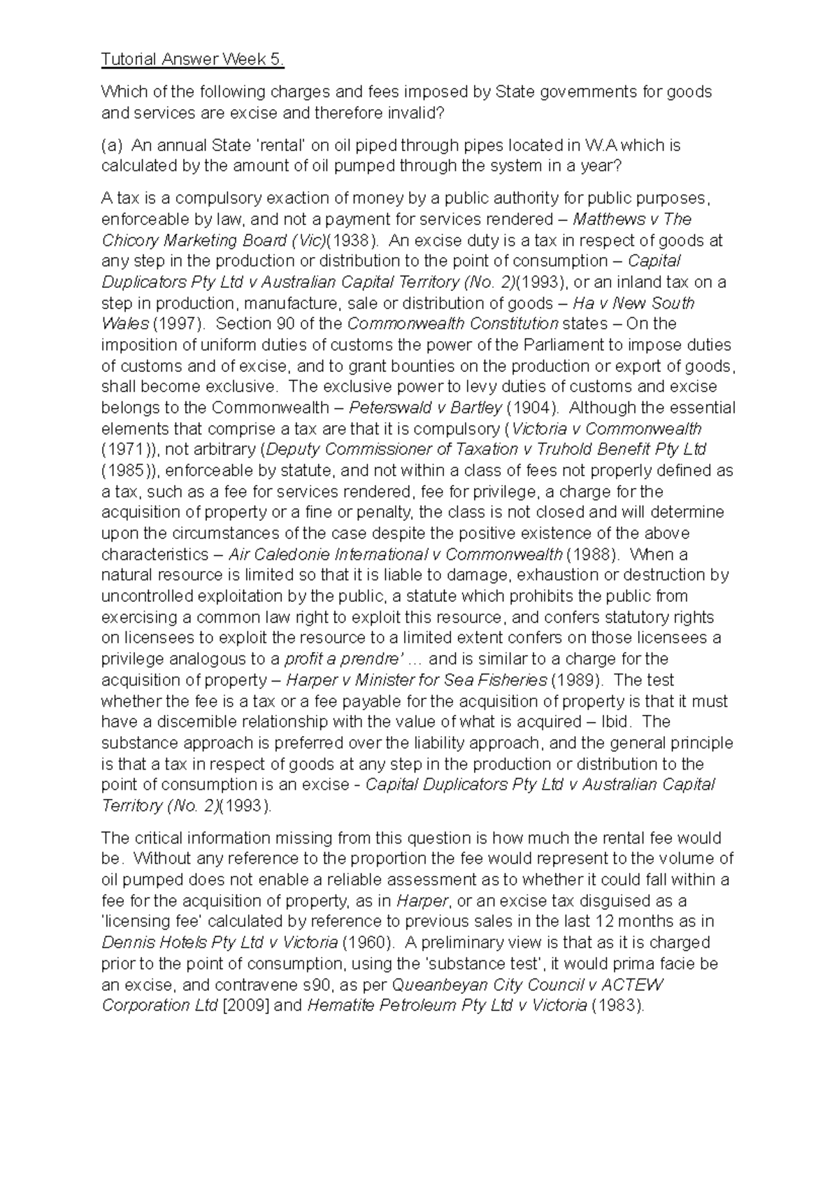 Week 5 Tutorial - Tutorial Answer Week 5. Which of the following charges and fees imposed by ...