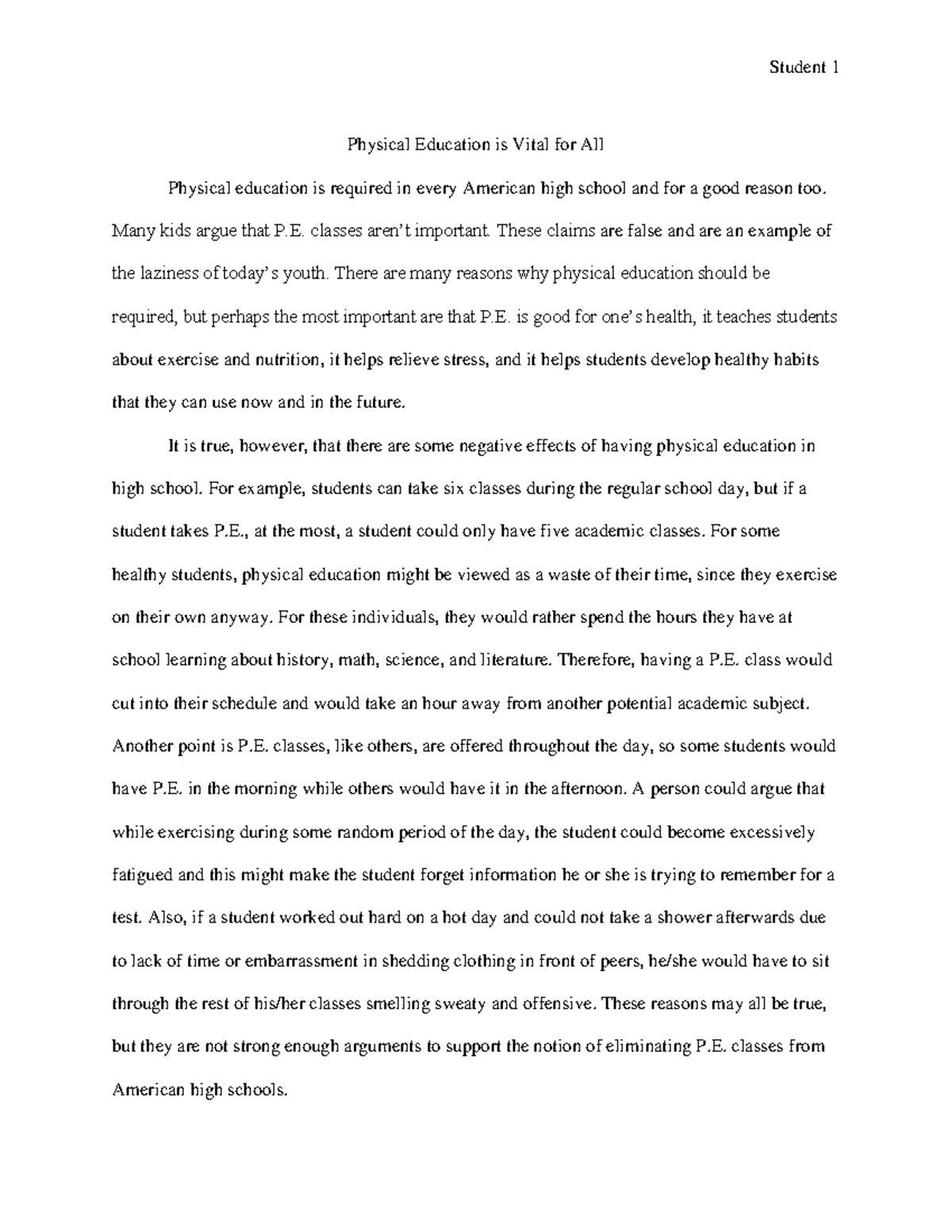 Persuasive Essay Sample For Students Student 1 Physical Education Is