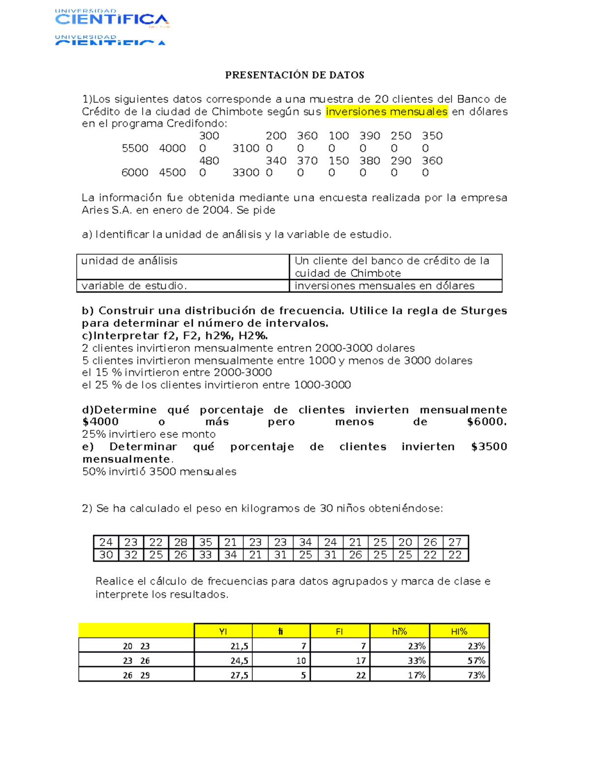 Semana 2 Hola PresentaciÓn De Datos 1 Los Siguientes Datos