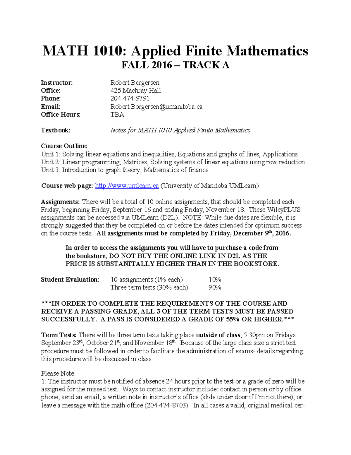 Track A outline- Final - Lecture note Course Outline - MATH 1010 ...