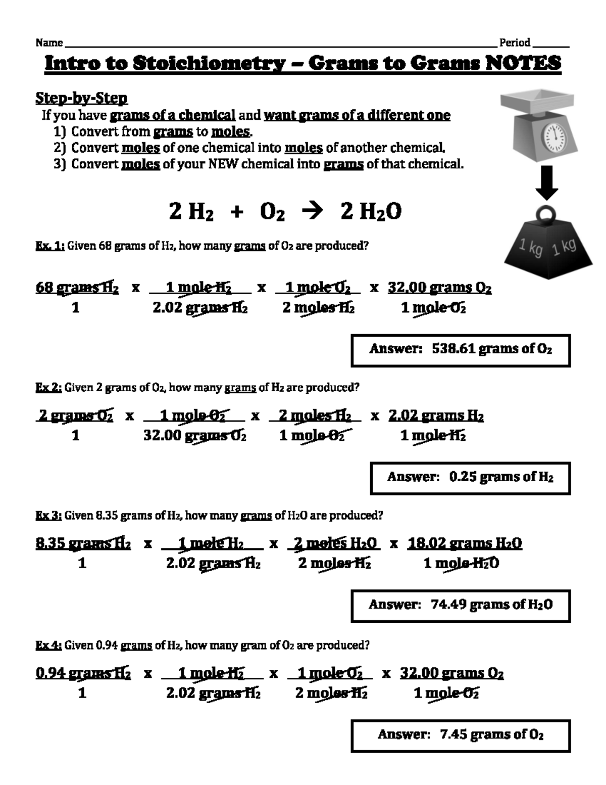 Gram to Gram-Note - calculus - Name Period Intro to Stoichiometry Grams ...