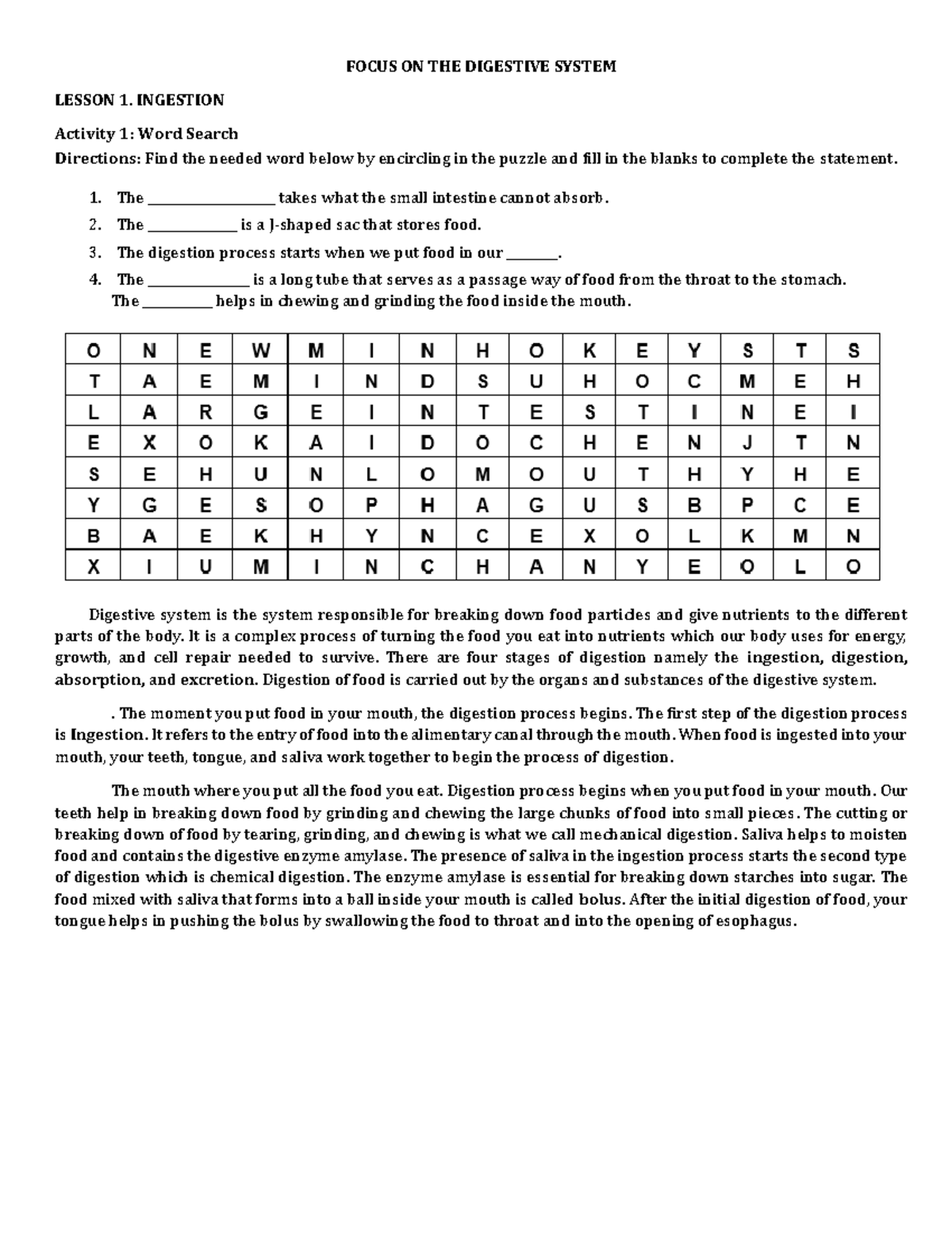 Focus ON THE Digestive System - FOCUS ON THE DIGESTIVE SYSTEM LESSON 1 ...