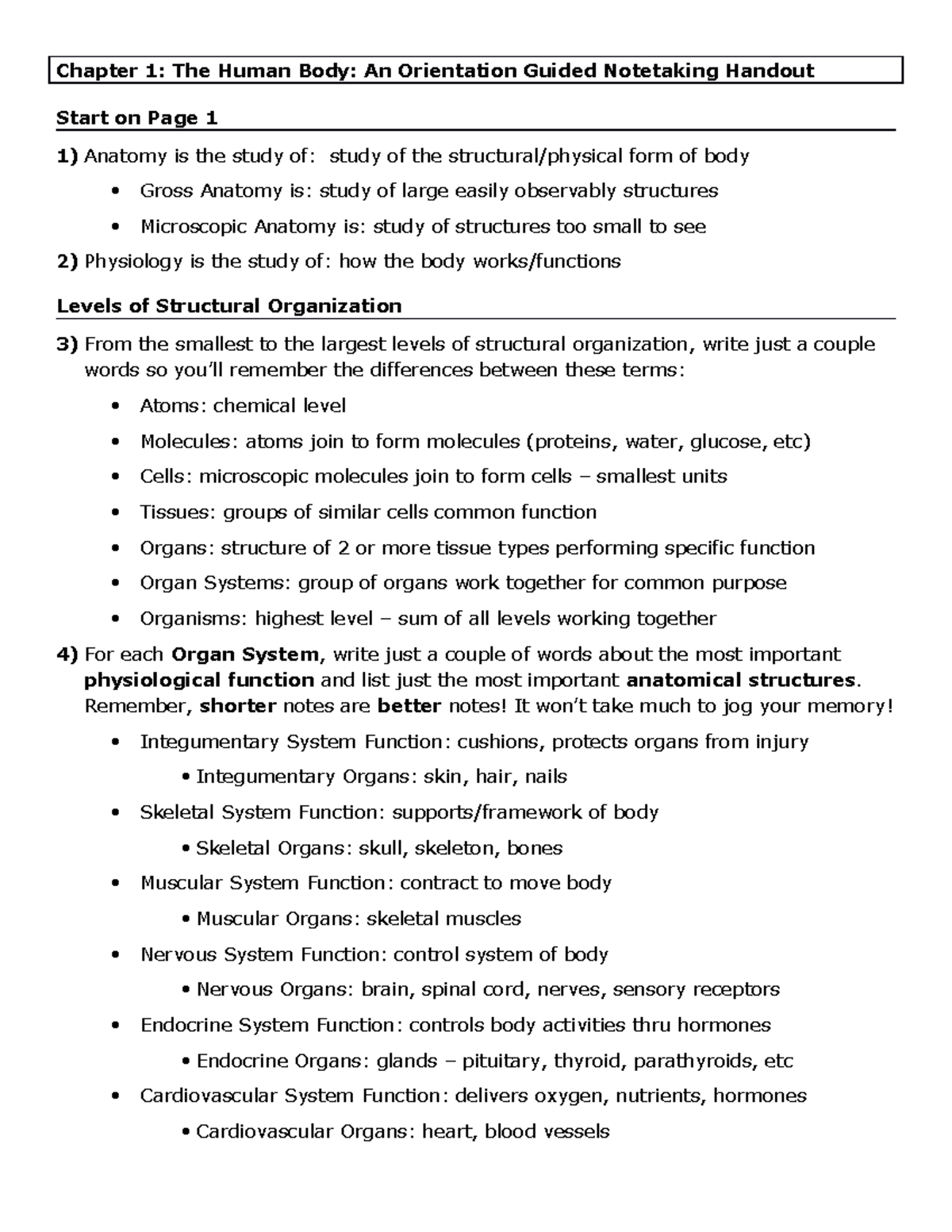 ANAT Week 2 Ch 1 - Notes for biology - Chapter 1: The Human Body: An ...