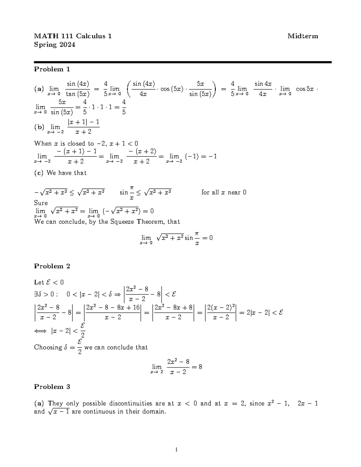 1716044806 Solutions typed - MATH 111 Calculus 1 Midterm Spring 2024 ...
