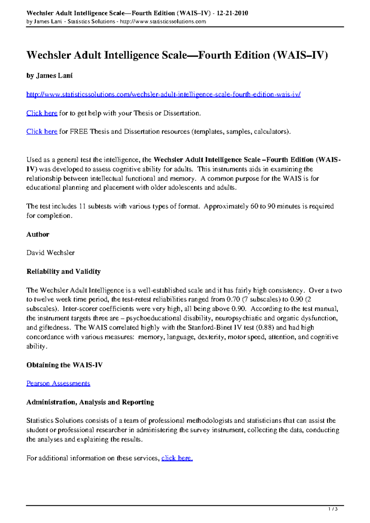 Wechsler adult intelligence scale fourth edition wais iv - Wechsler ...