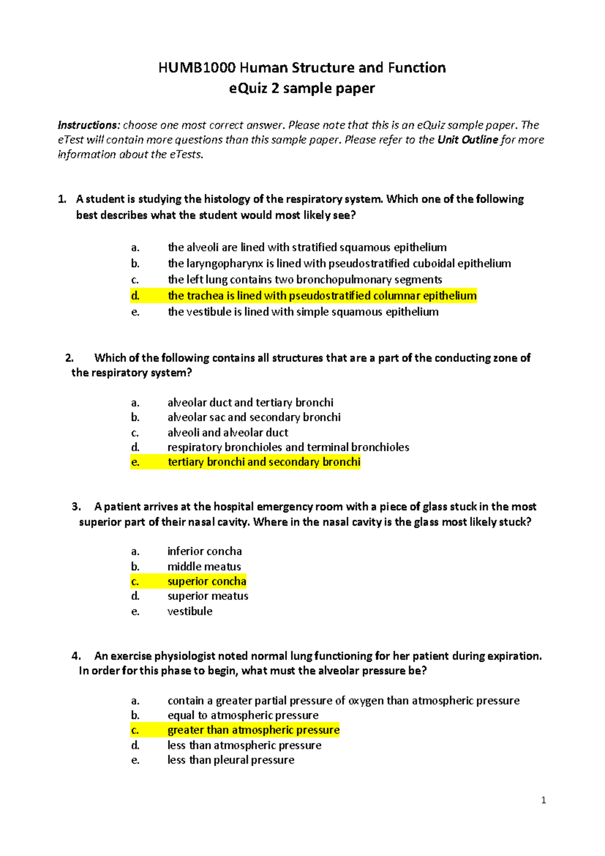 HUMB1000 eQuiz 2 sample paper with answers - HUMB1000 Human Structure ...