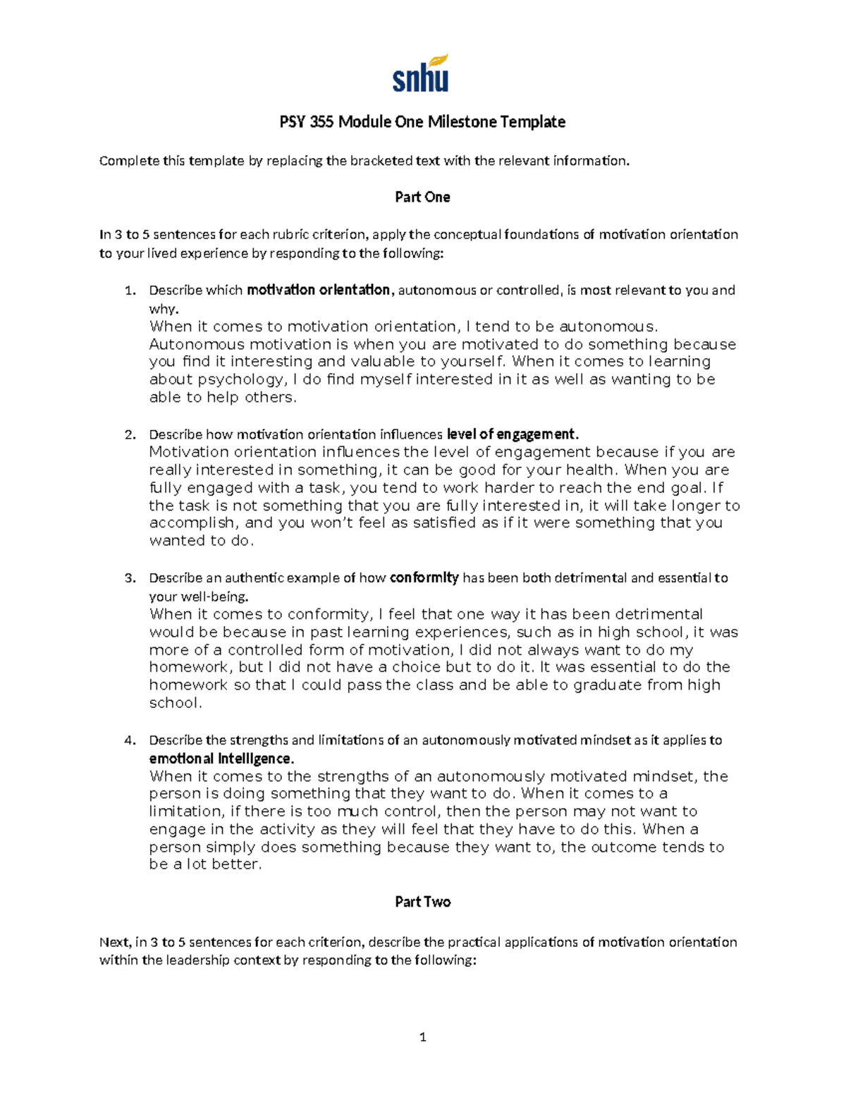PSY 355 Module One Milestone - Part One In 3 to 5 sentences for each rubric criterion, apply the ...