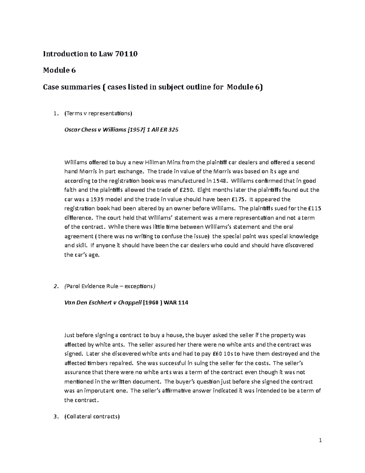 Case summaries ( subject outline) Module 6-1 - Introduction to Law ...