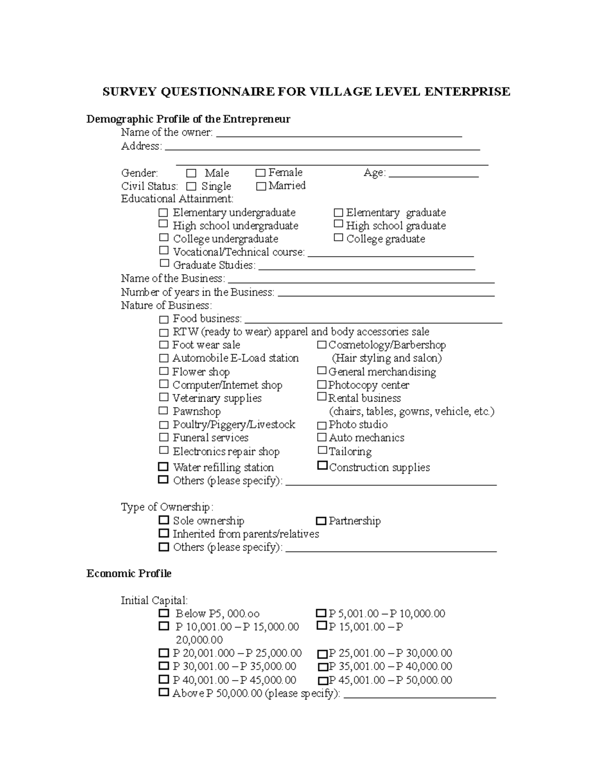 ENTREPRENUERSHIP - SURVEY QUESTIONNAIRE FOR VILLAGE LEVEL ENTERPRISE ...