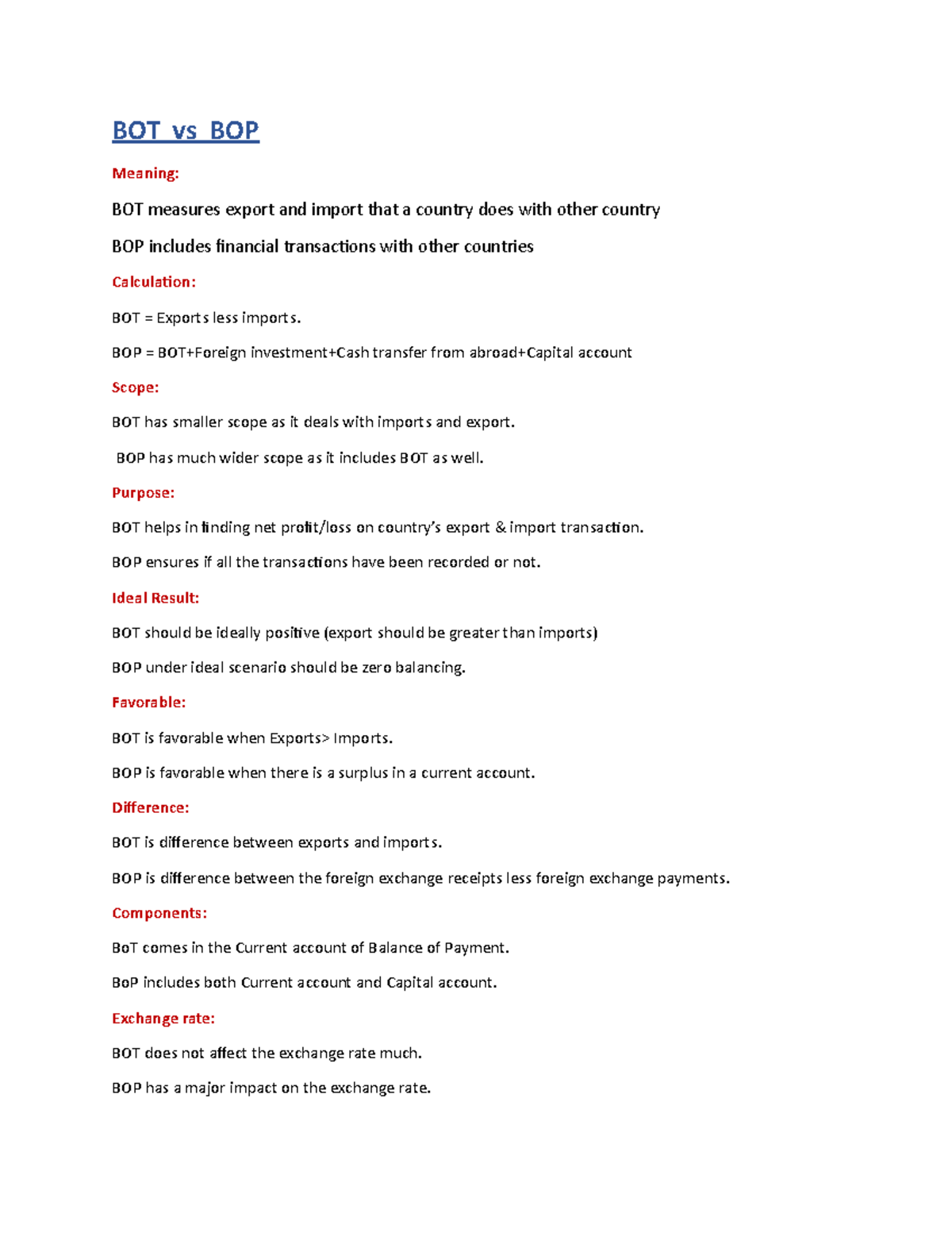 Seminar topic - BOT vs BOP - BOT vs BOP Meaning: BOT measures export and import that a country ...