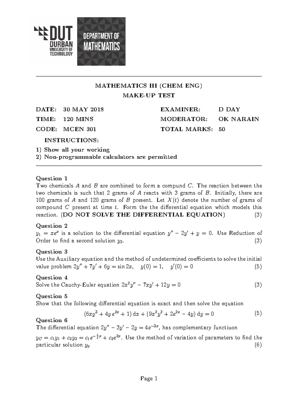 Test 19 November 2018, questions and answers - MATHEMATICS III (CHEM ...