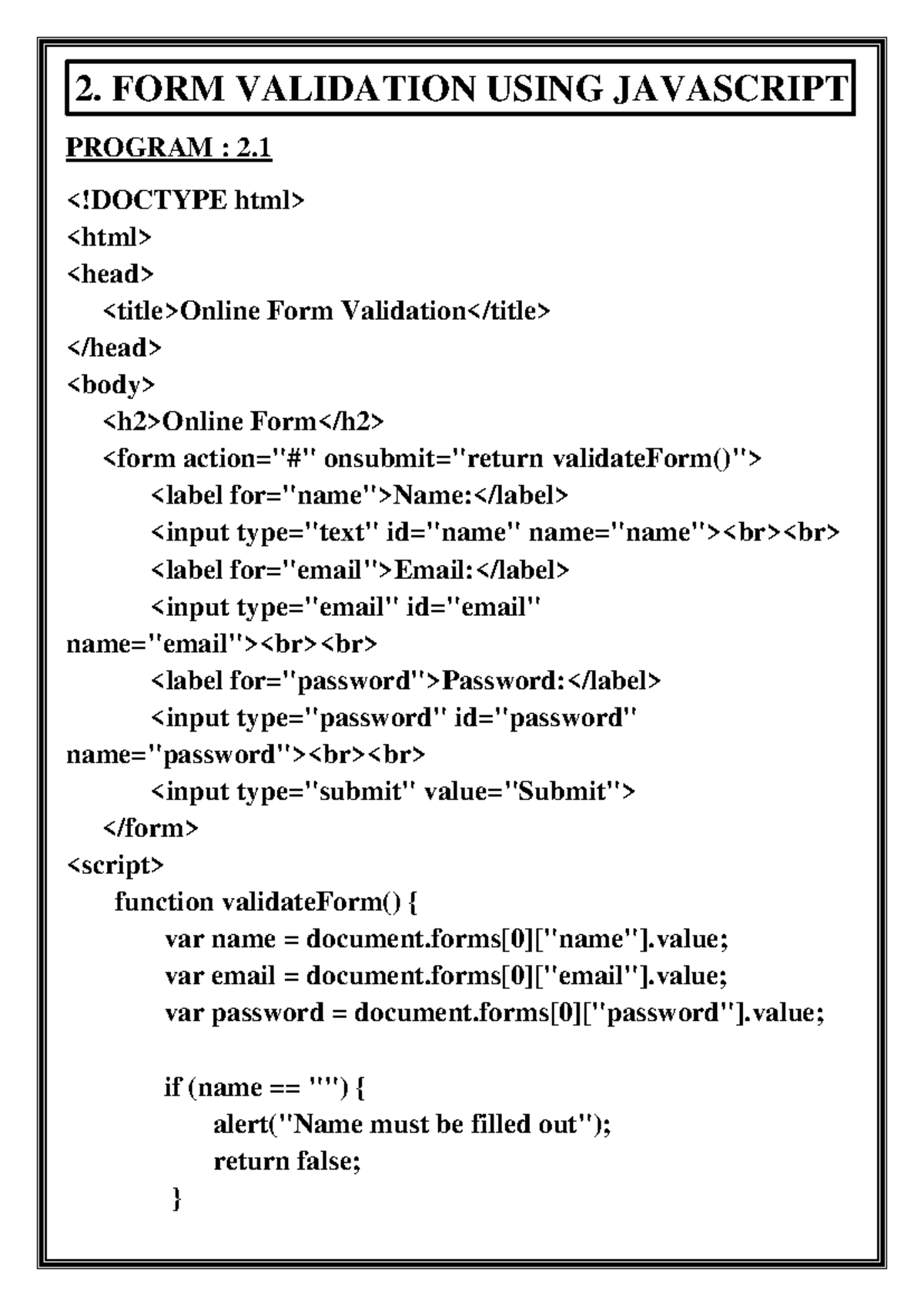 WE2 - 2. FORM VALIDATION USING JAVASCRIPT PROGRAM : 2. - Studocu