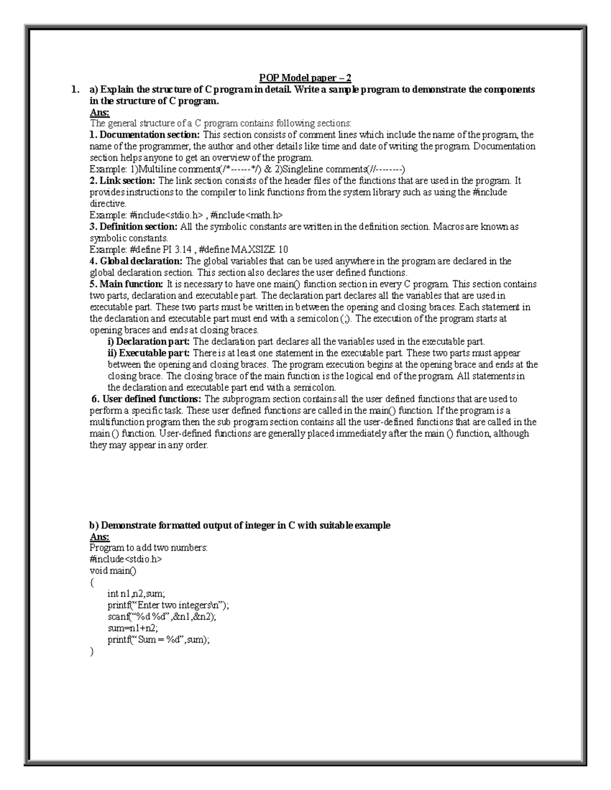 POP set - 2 solution - pop - POP Model paper – 2 a) Explain the ...