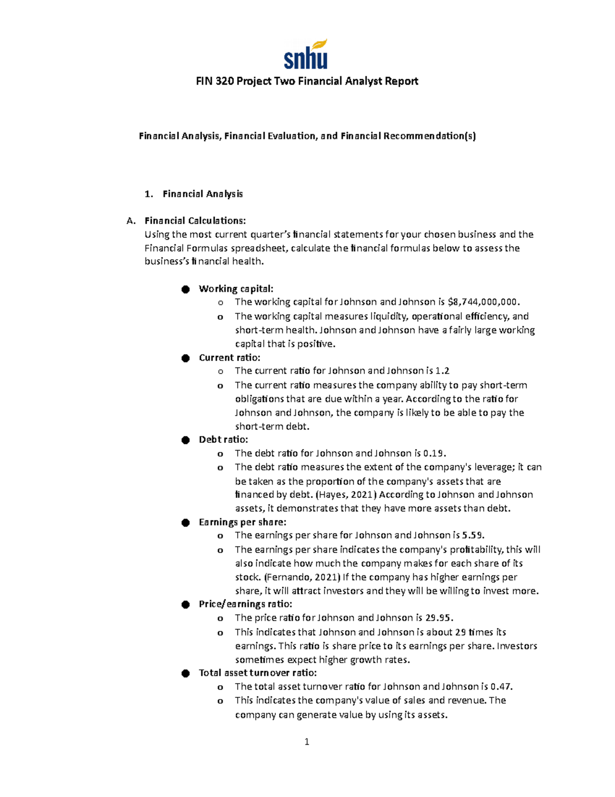FIN 320 Project Two Financial Analyst Report - Financial Calculations ...