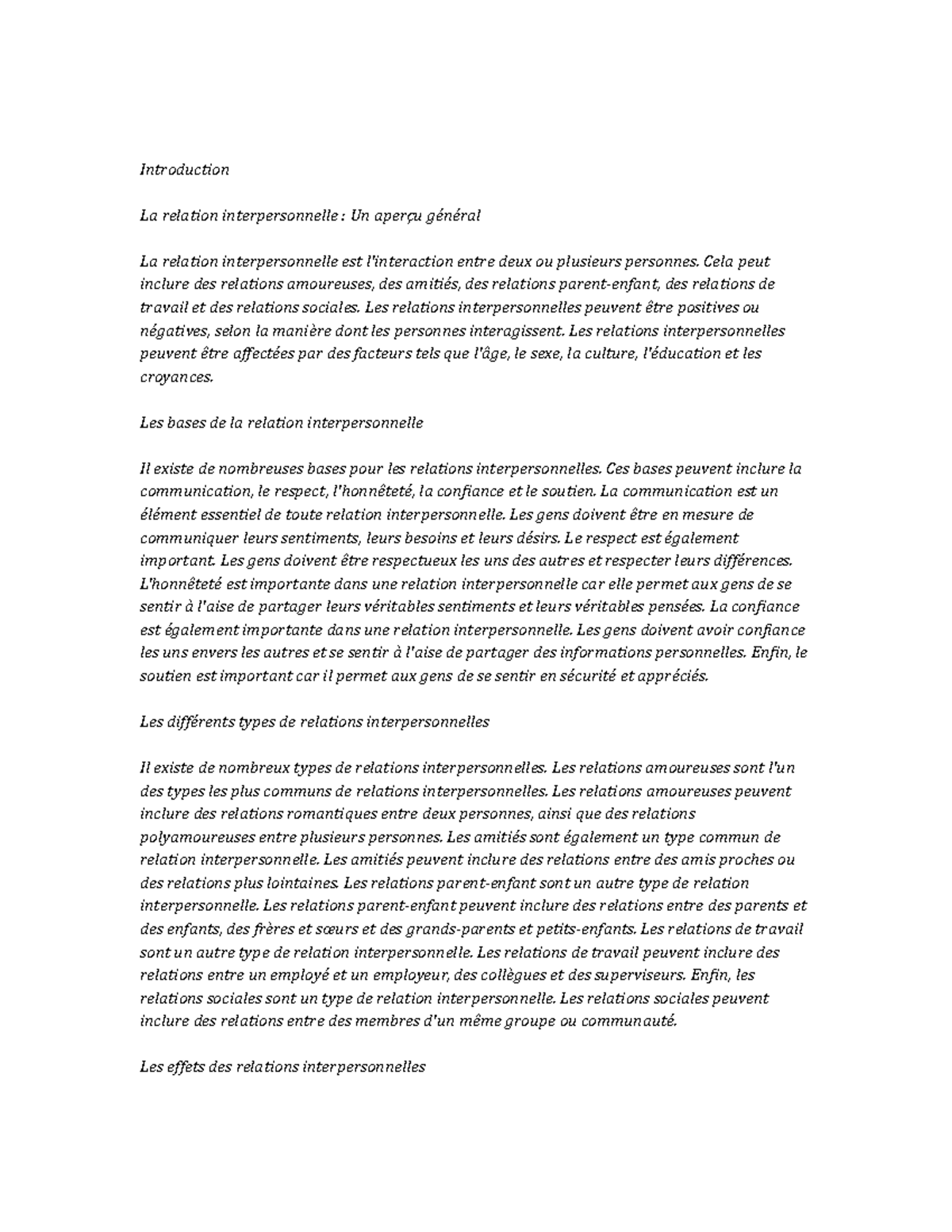 Interpersonal Relationships Study Notes - Introduction La relation ...