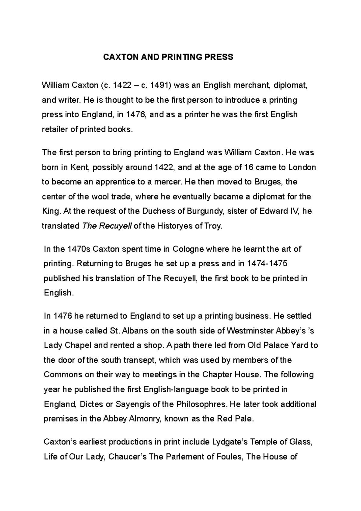 Caxton AND Printing Press - MA English Language and Literature - UoK ...