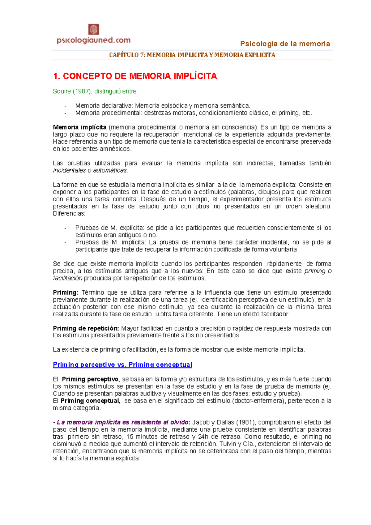 7memoria - ´,´´,´ñ - CAPÍTULO 7: MEMORIA IMPLICITA Y MEMORIA EXPLICITA ...