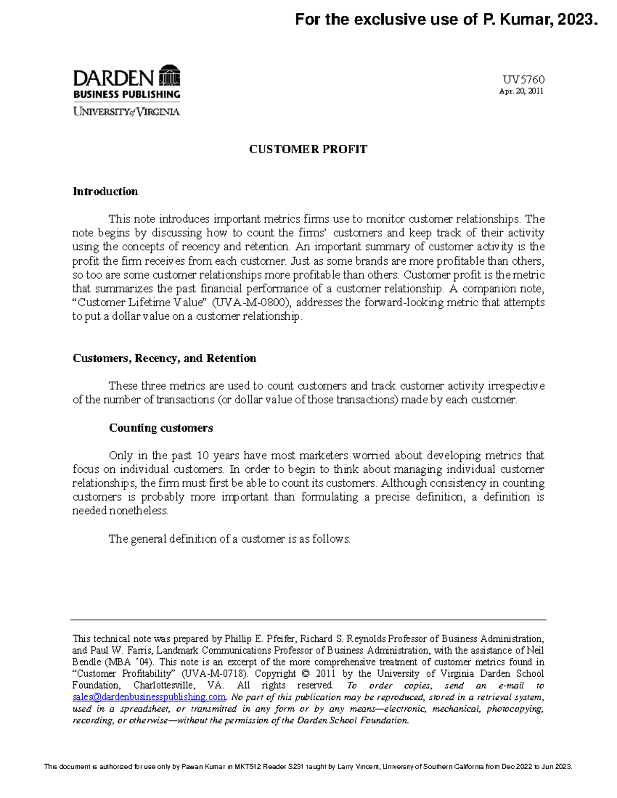 Case study Harvard- Customer insights - UV ####### Apr. 20, 2011 This ...