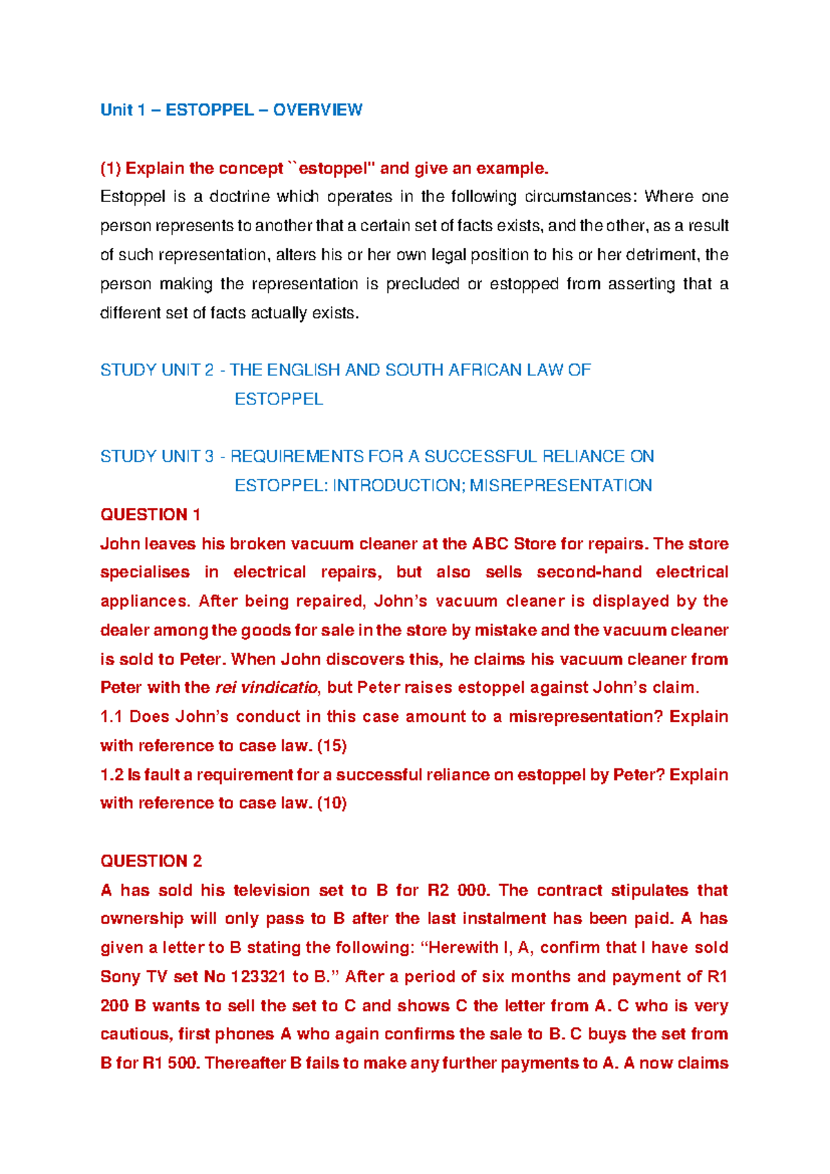 PVL3704-estoppel exam notes - Unit 1 – ESTOPPEL – OVERVIEW (1) Explain ...