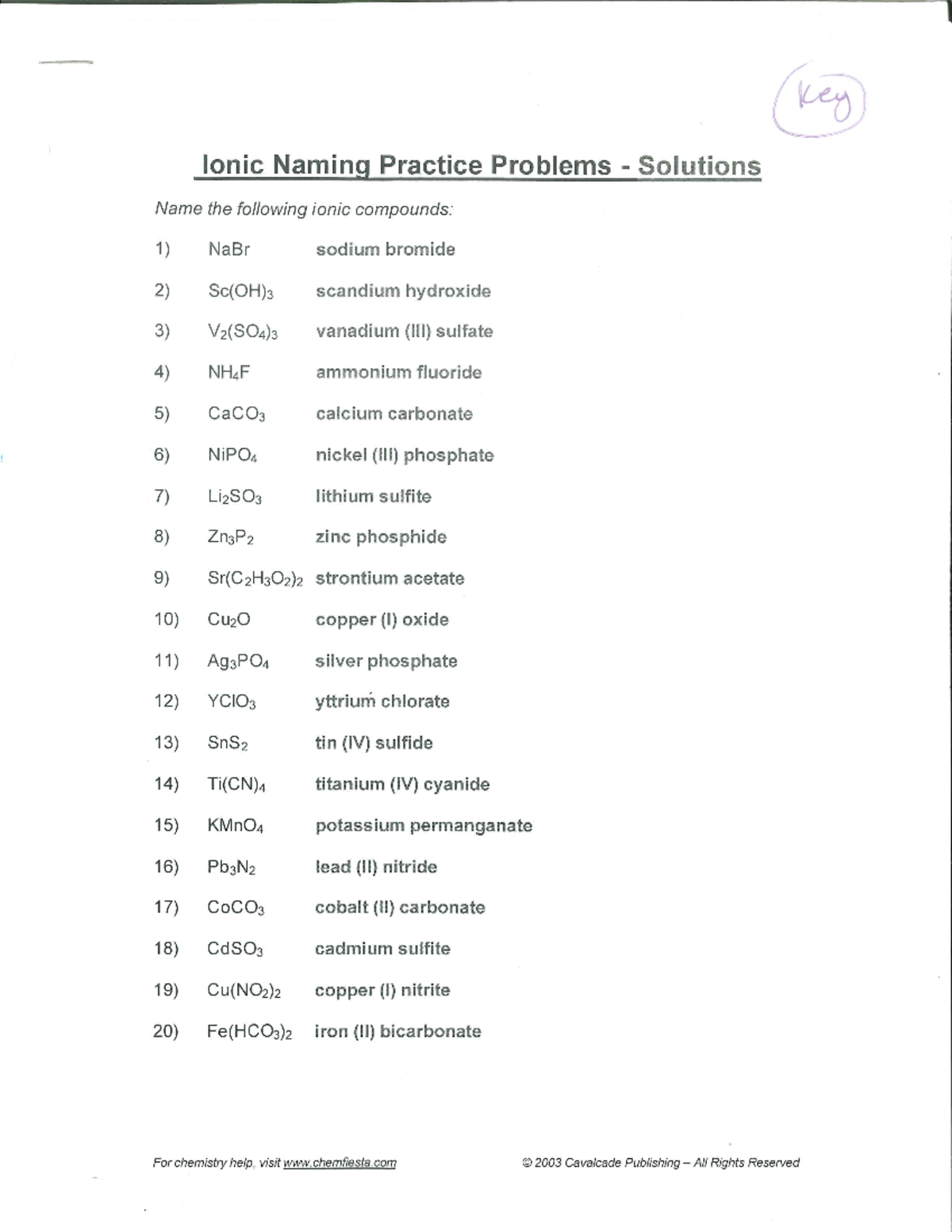 Naming practice packet key - lonic Naming Practice Problems - Solutions Name the following ionic ...