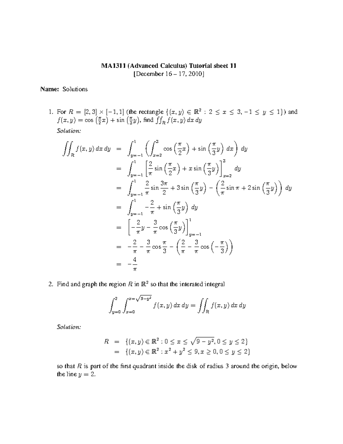MA1132 2010-2011 Tutorial 11 - Solutions - MA1311 (Advanced Calculus ...