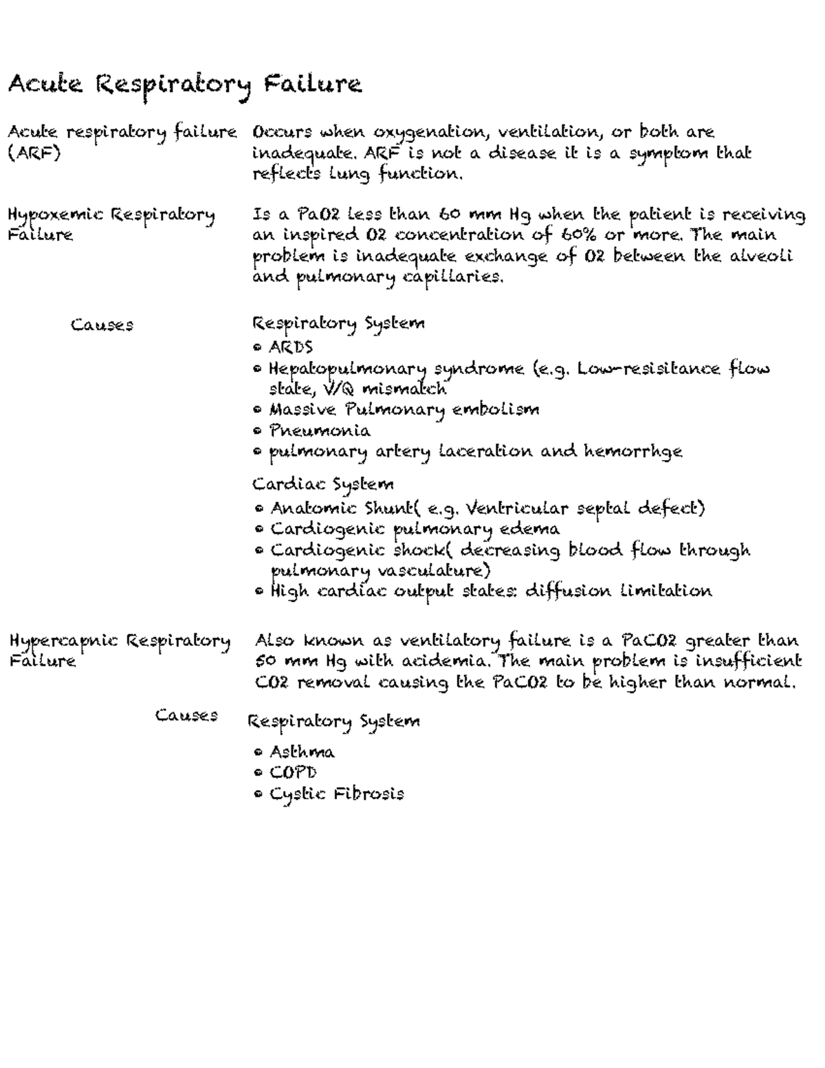 ARF & ARDS - Respiratory notes - Acute respiratory failure (ARF) Occurs ...
