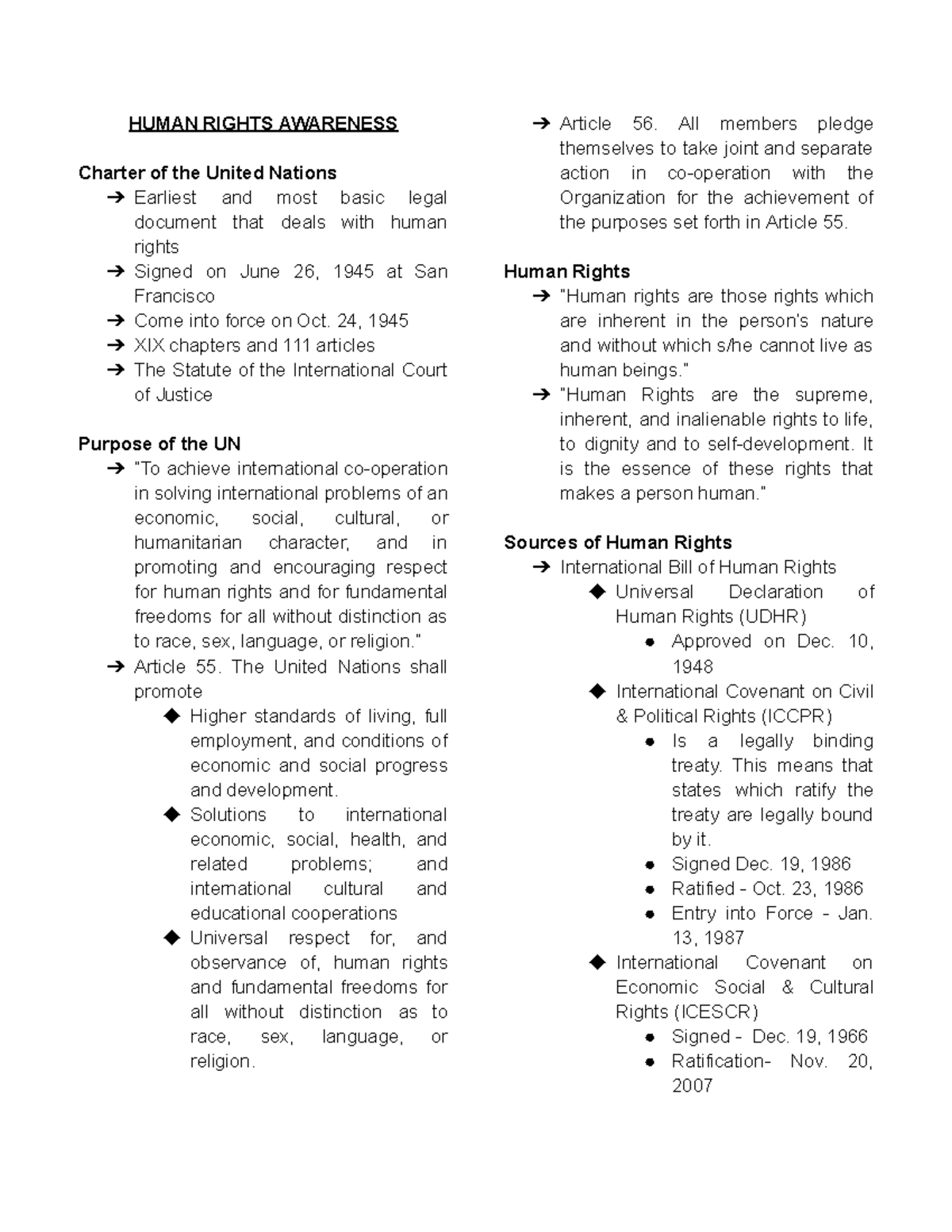 Human Rights - notes - HUMAN RIGHTS AWARENESS Charter of the United ...