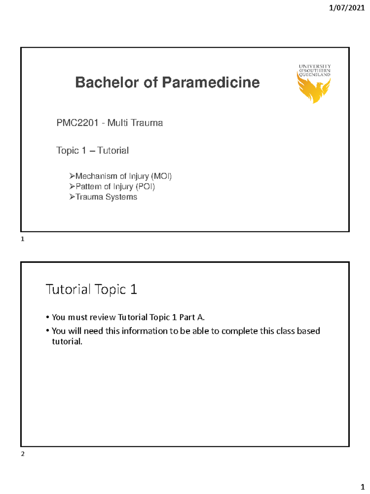 PMC 2201 Wk1 MOI, POI, Trauma bipass - Bachelor of Paramedicine PMC2201 - Multi Trauma Topic 1 ...