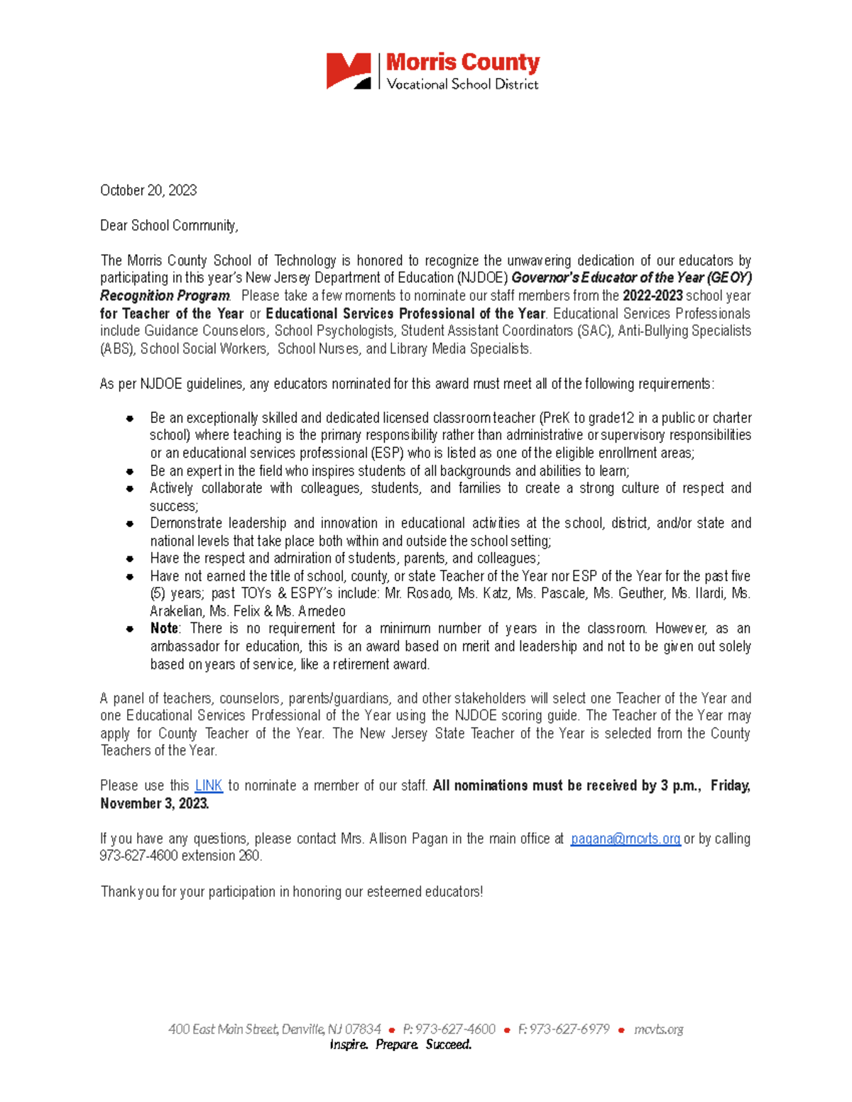 2023-2024 GEOY and ESP Letter October 2023 - October 20, 2023 Dear ...