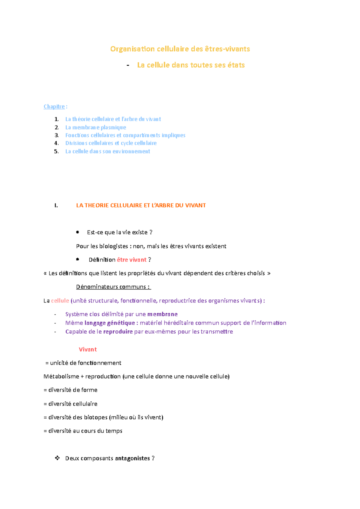 I. La théorie cellulaire et l'arbre du vivant - Organisation cellulaire ...