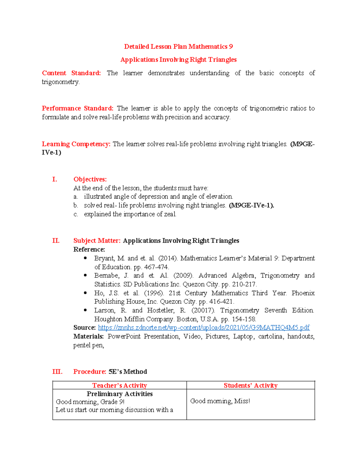 Applications Involving Right Triangles - Detailed Lesson Plan ...