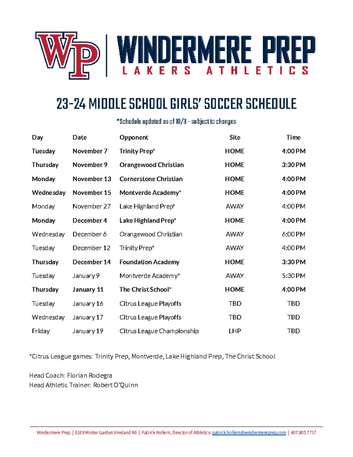 23-24 MS Girls Soccer Schedule 10-3 - 23-24 MIDDLE SCHOOL GIRLS’ SOCCER ...