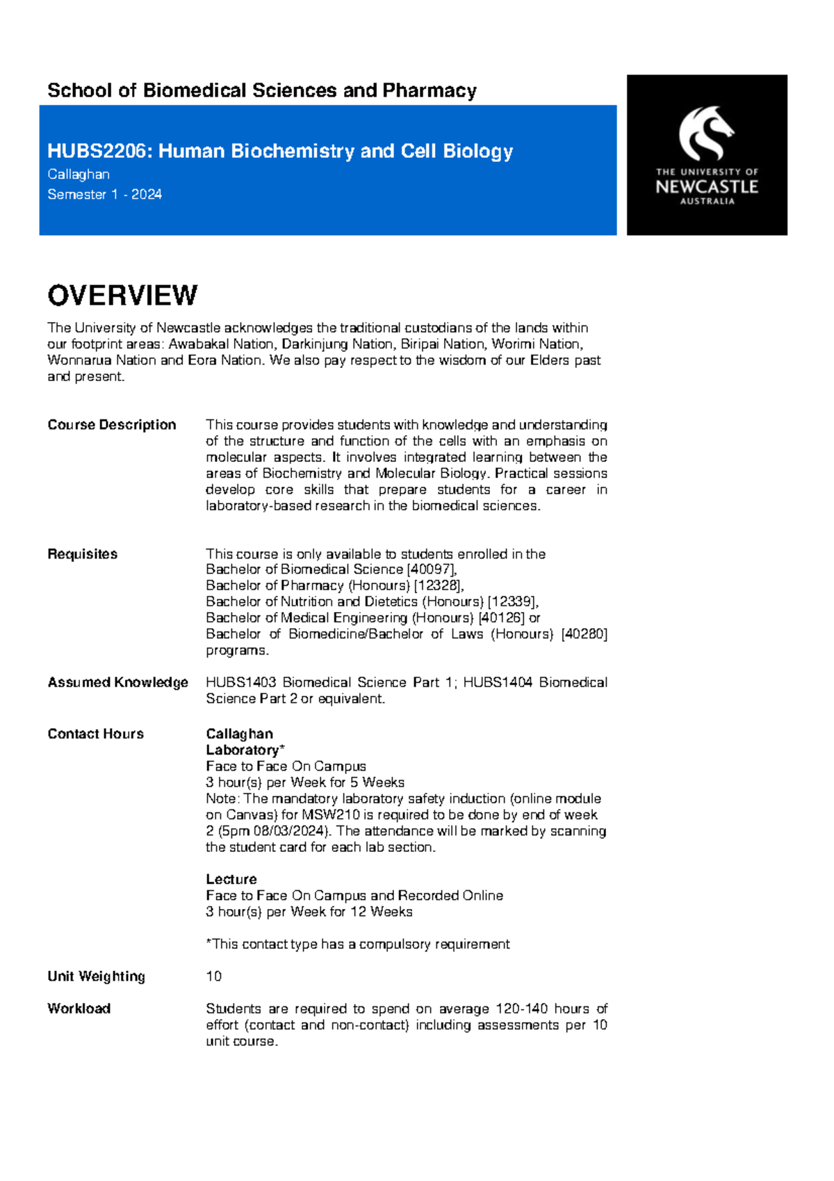 HUBS2206 Sem 1 2024 Course Outline - School of Biomedical Sciences and ...