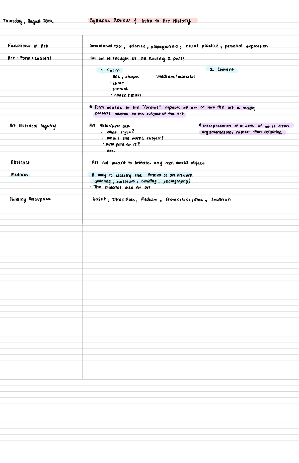 Art 1012 Lecture Notes Art History Thursday August 25th Syllabus Review And Intro To Art