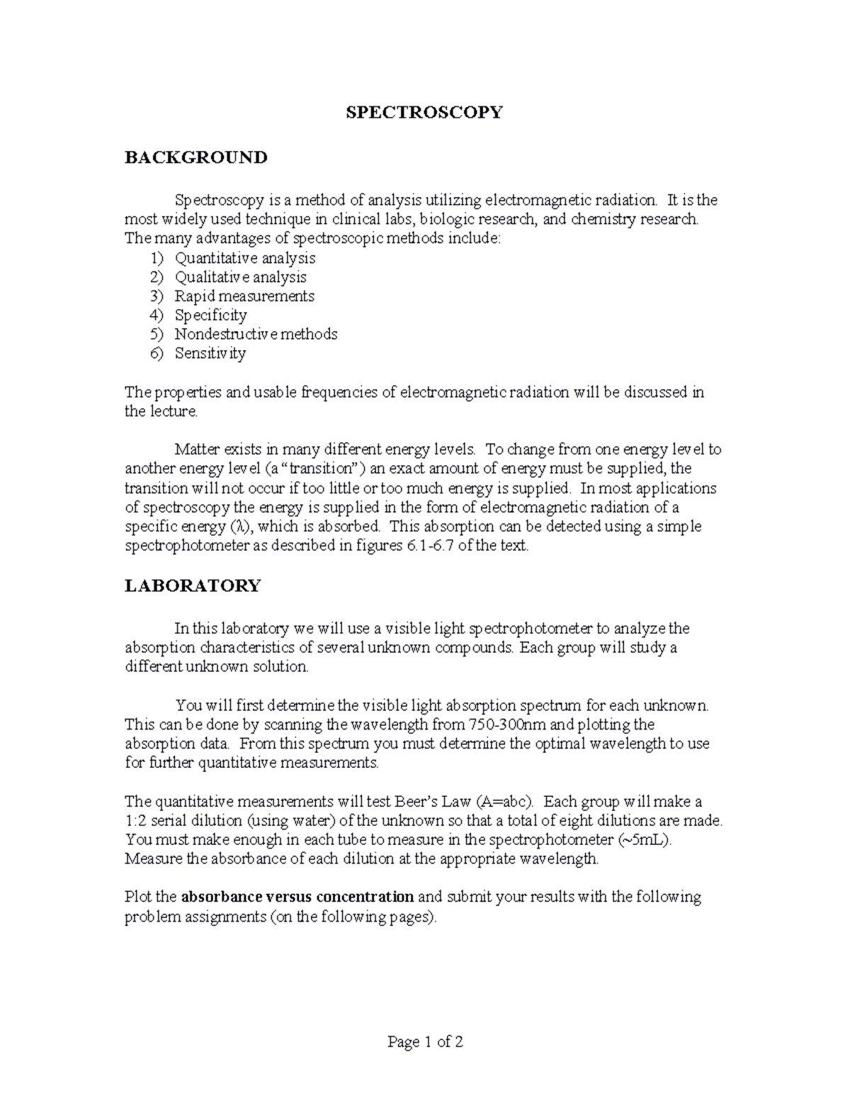 Spectroscopy Laboratory Practical - SPECTROSCOPY BACKGROUND ...
