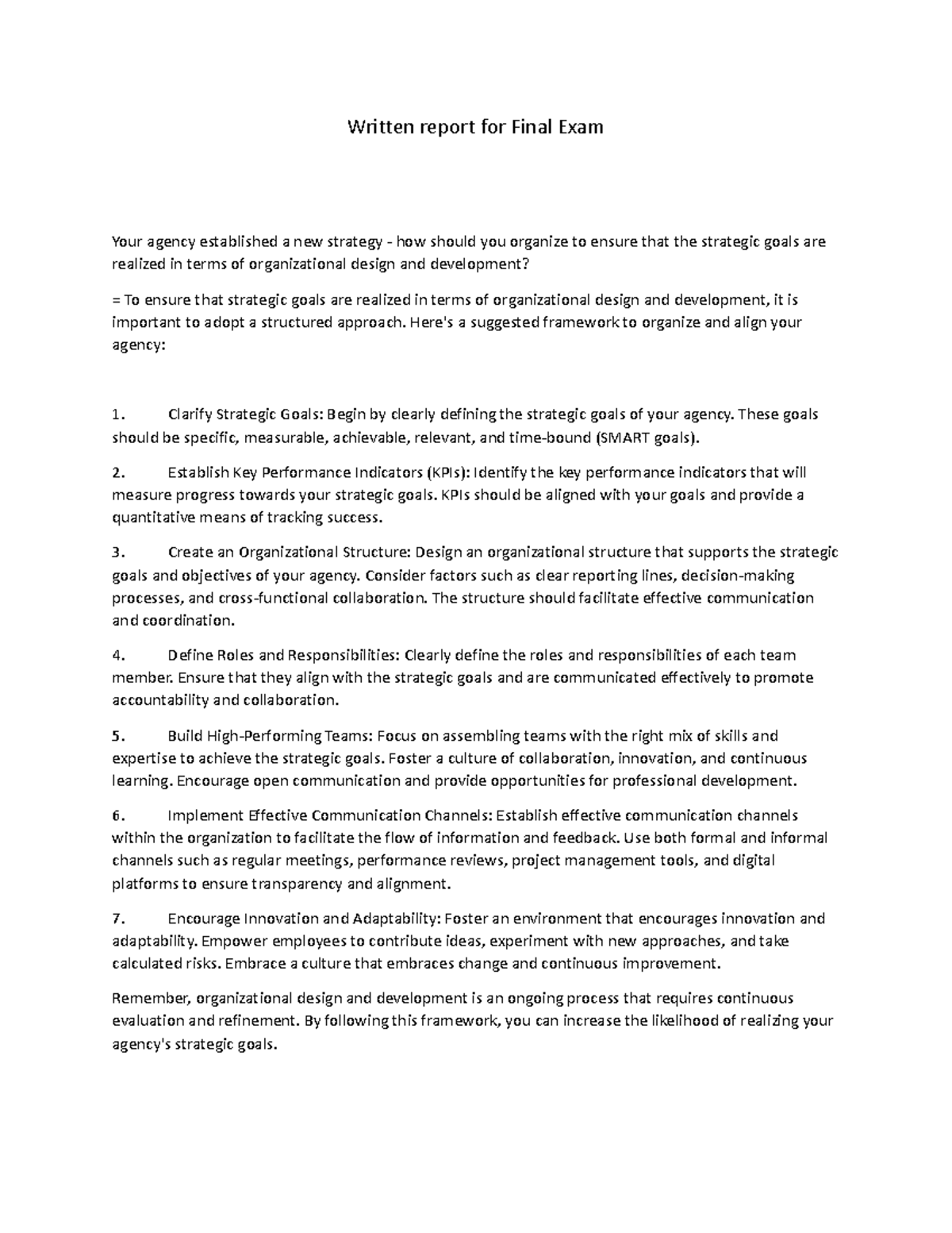 Written report for Final Exam - Here's a suggested framework to ...