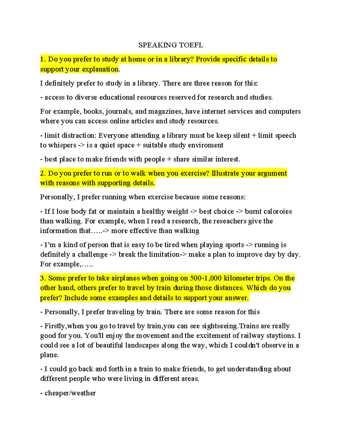 Speaking Toefl - SPEAKING TOEFL Do you prefer to study at home or in a ...