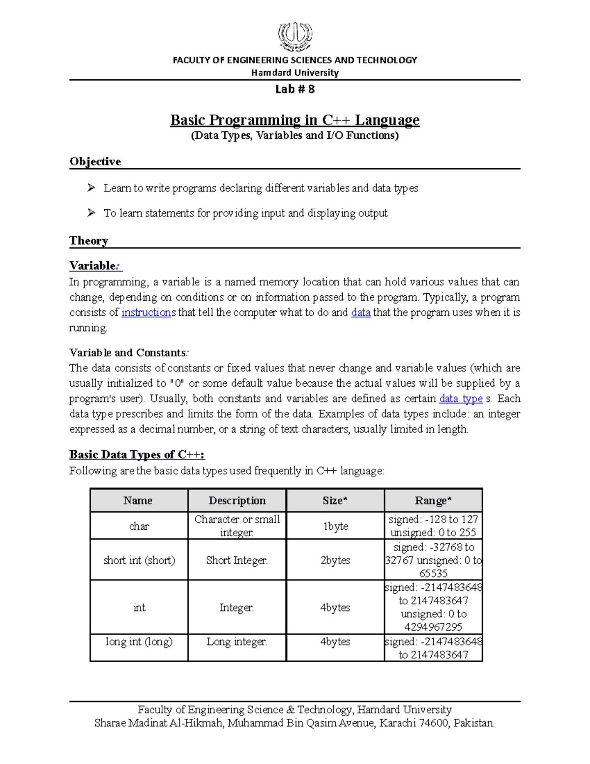 Lab 8 - aaaa - Hamdard University Lab # 8 Basic Programming in C++ Language (Data Types ...
