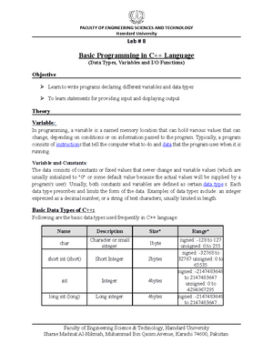 Lab 7 - aaaaaa - Hamdard University Lab # 07 Introduction to C++ Programming and to get familiar ...
